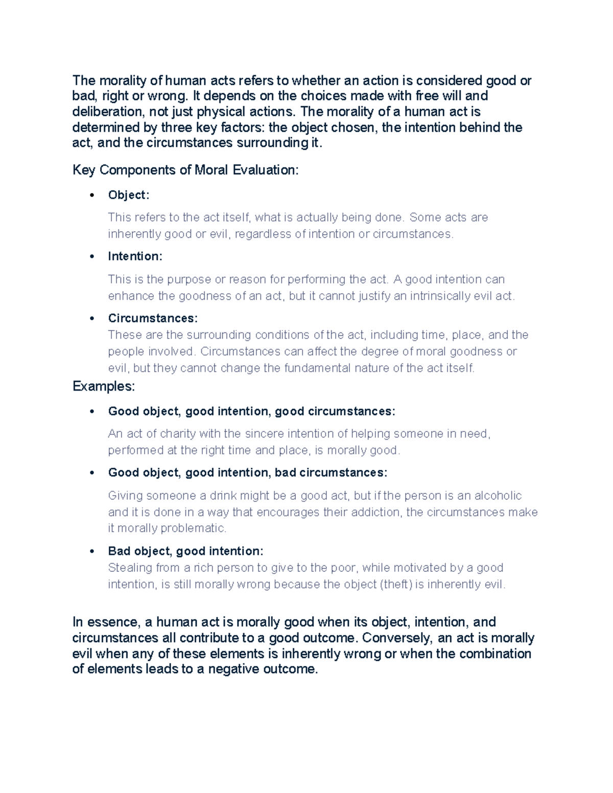 Moral Evaluation of Human Acts: Key Factors and Examples - Studocu