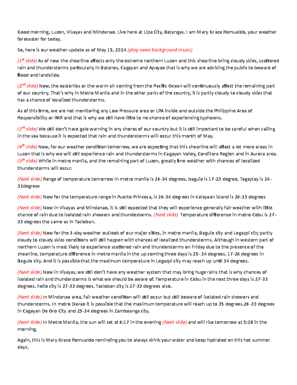 Weather Update & Forecast Script for May 15, 2024 - Studocu