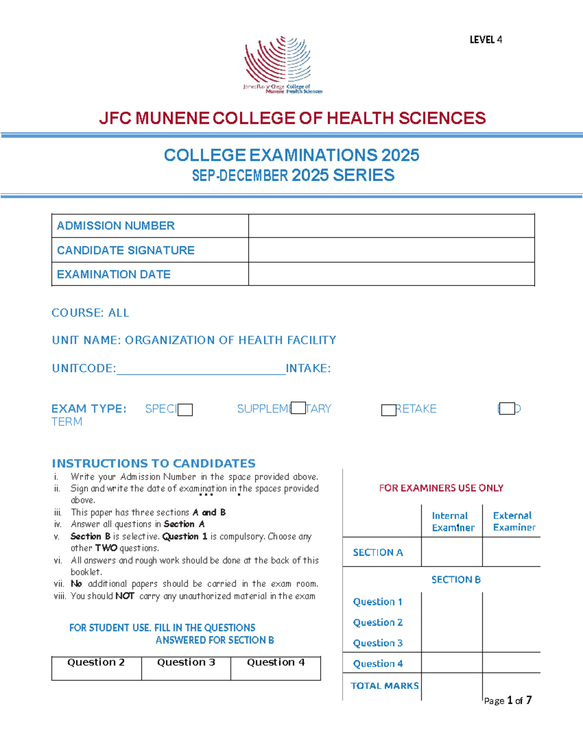 LEVEL 4 JFC MUNENE COLLEGE OF HEALTH SCIENCES TERM EXAM 2025 - Studocu