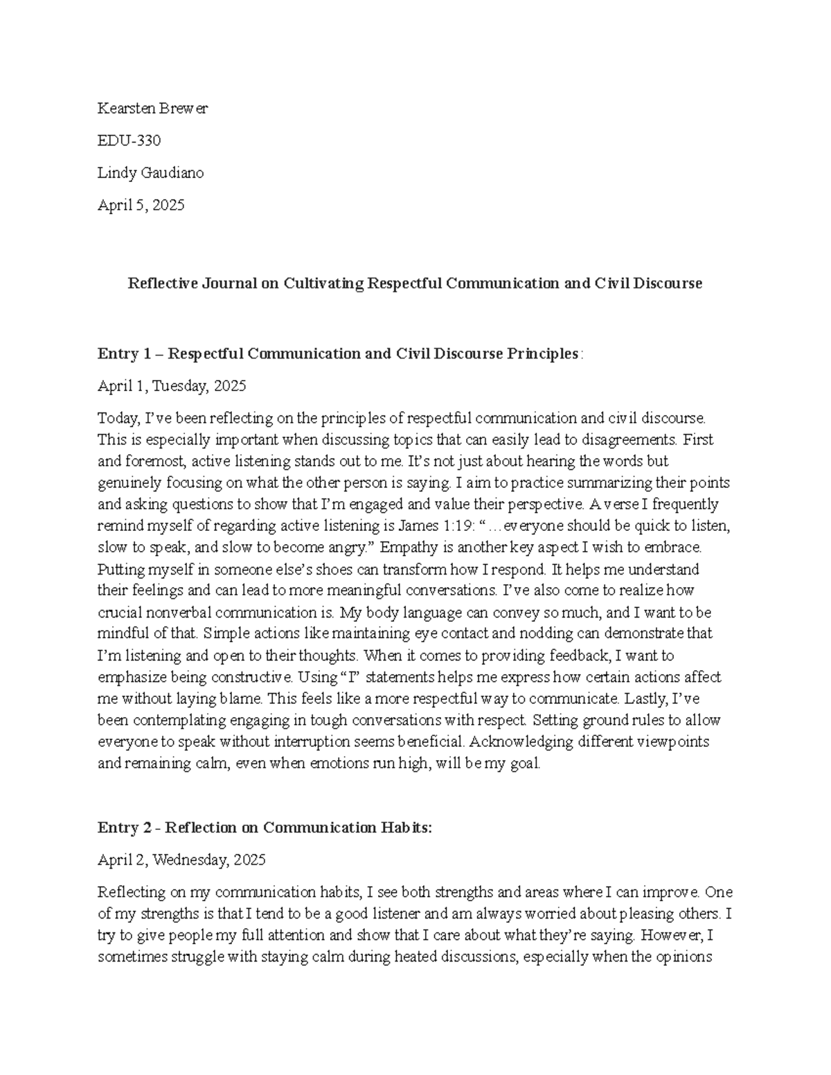 EDU-330 Reflective Journal: Cultivating Respectful Communication ...