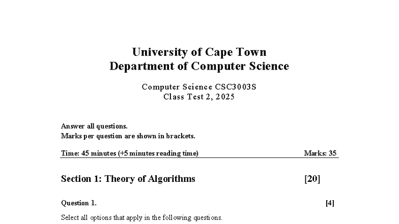 CSC3003S 2025 Class Test 2 Memo: Algorithms & Computation - Studocu