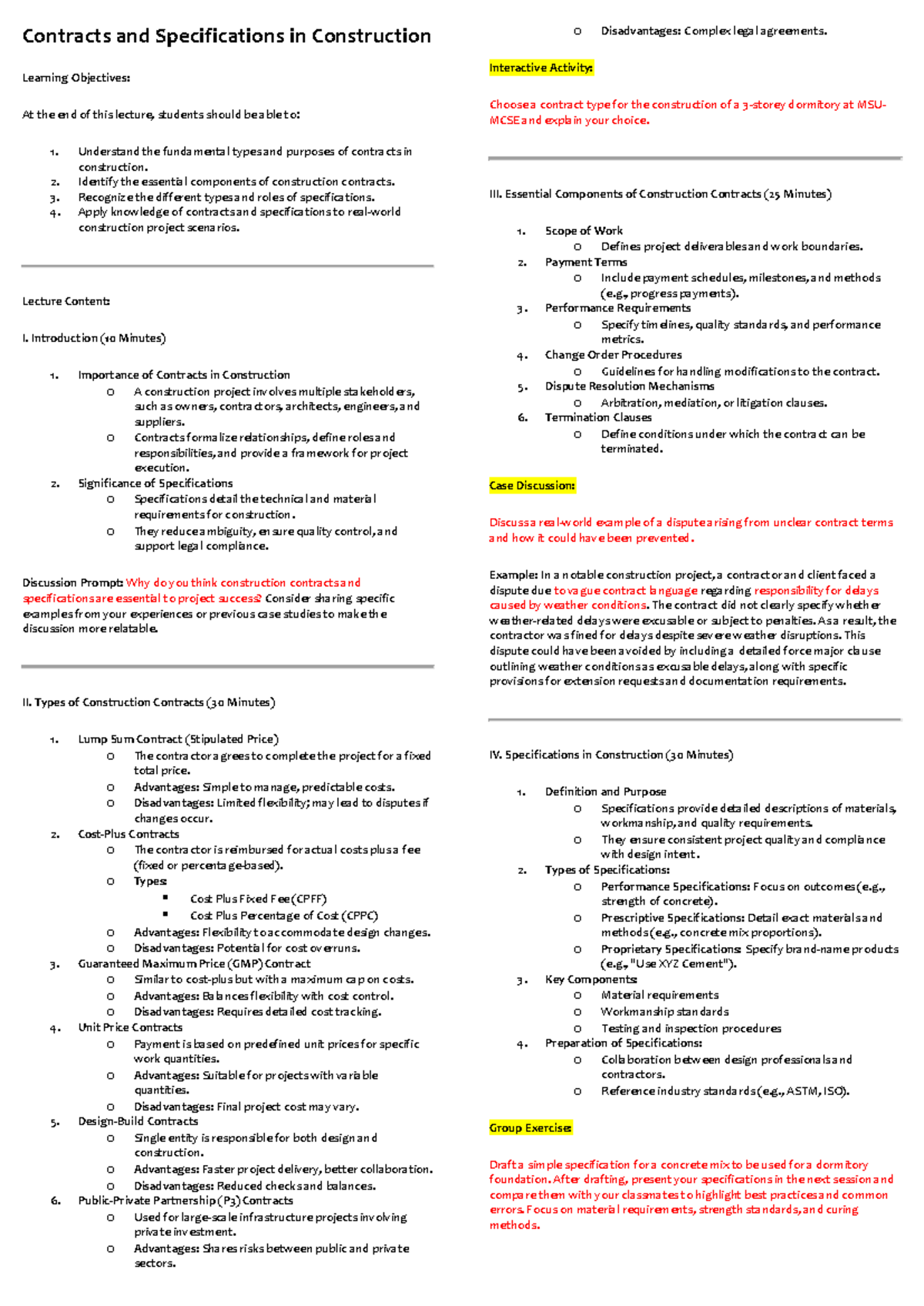 L1 Construction Contracts and Specifications Lecture Notes - Studocu