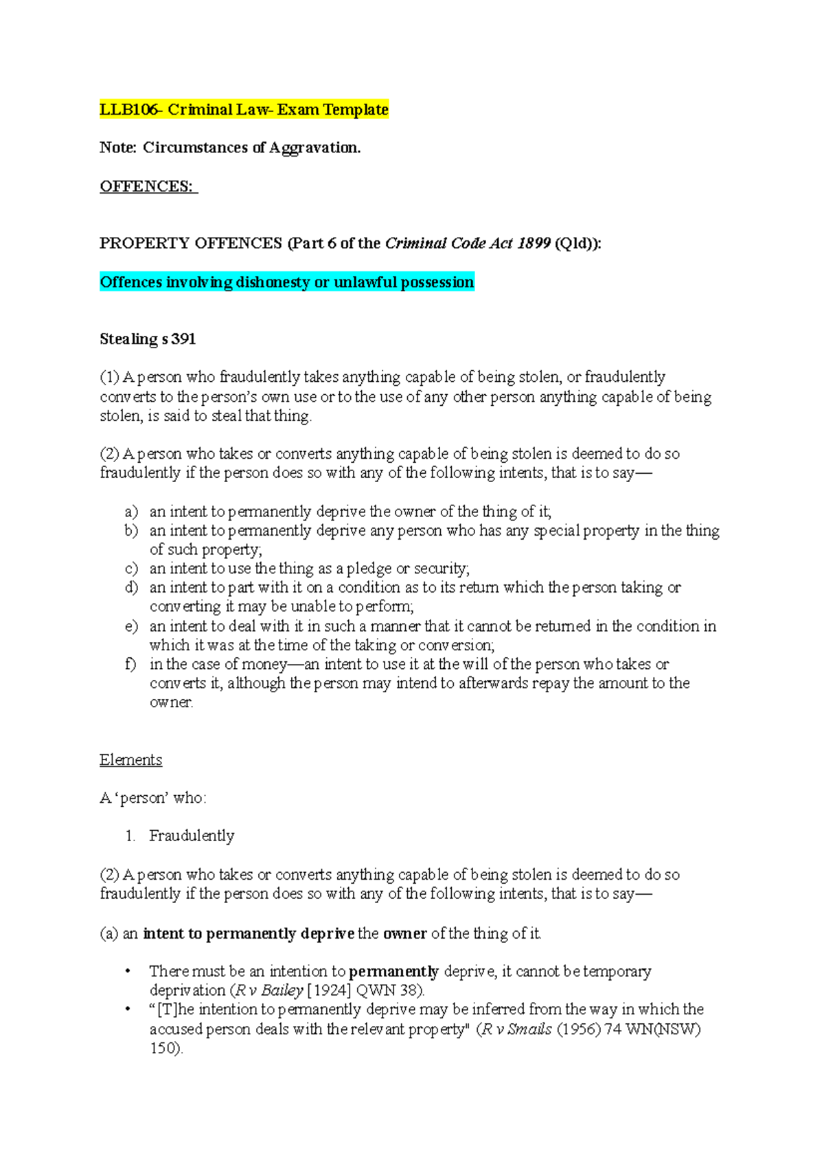 LLB106 Exam Template- Offences - LLB106- Criminal Law- Exam Template Note: Circumstances of ...