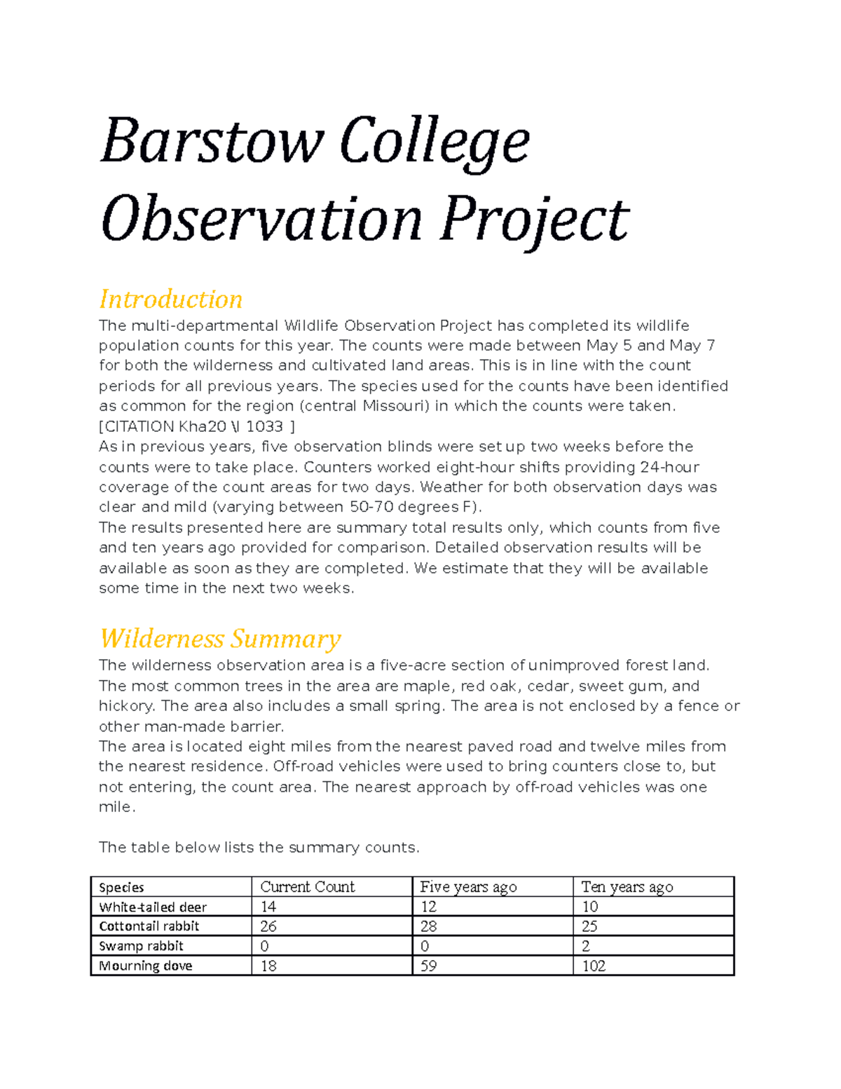Barstow College Observation Project Summary Report (2023) - Studocu