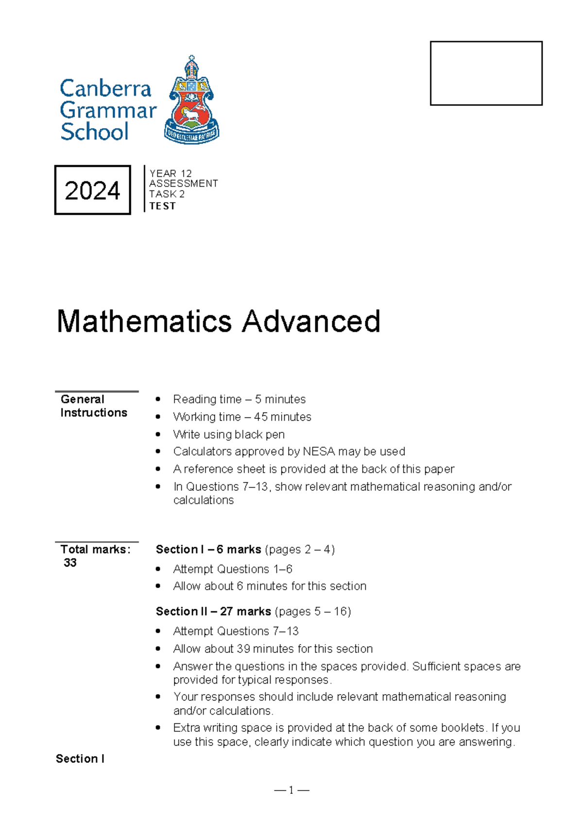 2024 YEAR 12 MATHEMATICS ADVANCED ASSESSMENT TASK 2 TEST - Studocu