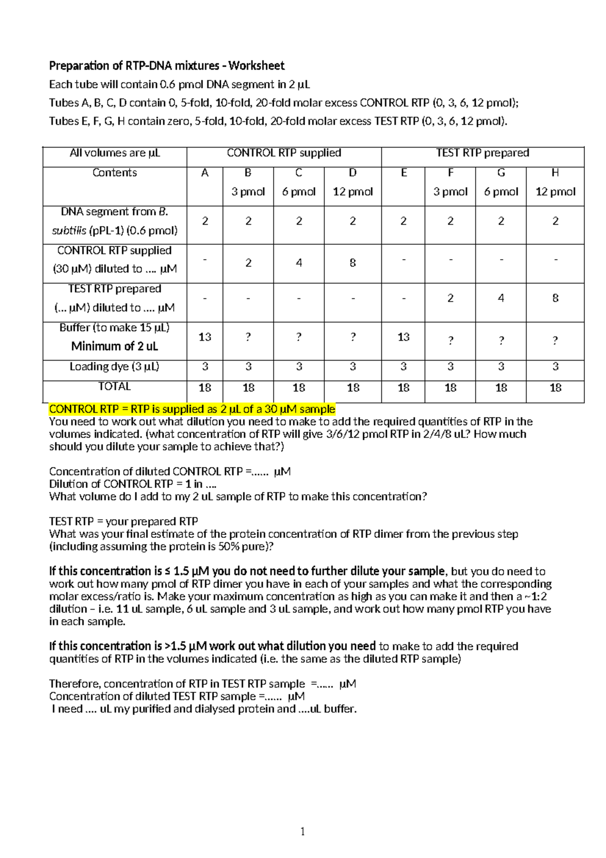 DNA Binding Calculations: Preparation of Mixtures Worksheet - Studocu
