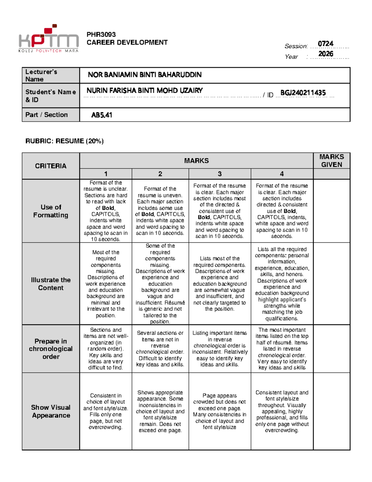 PHR3093 Career Development Resume Rubric Evaluation - Studocu