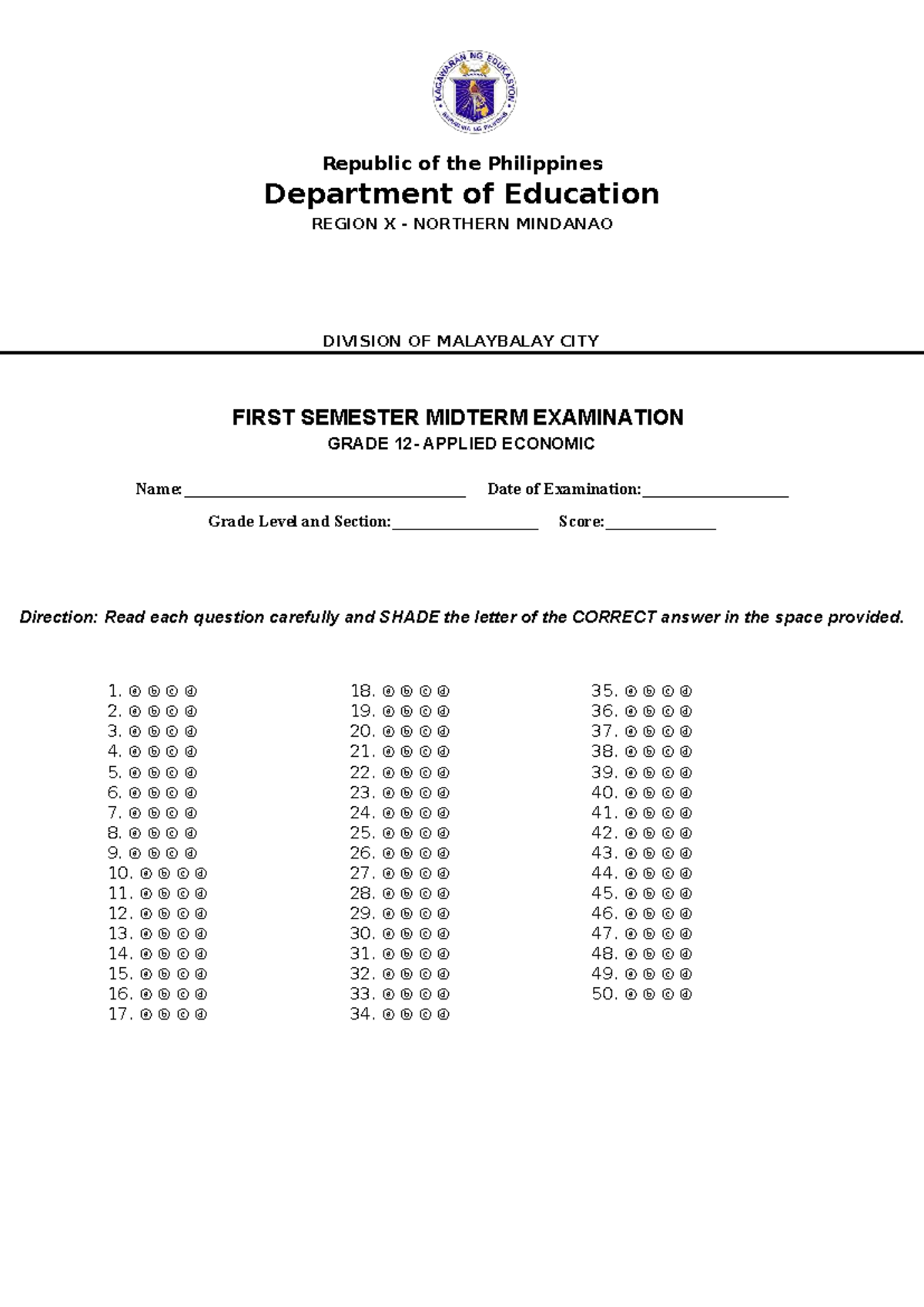 Grade 12 Applied Economics First Semester Midterm Exam Answer Sheet ...
