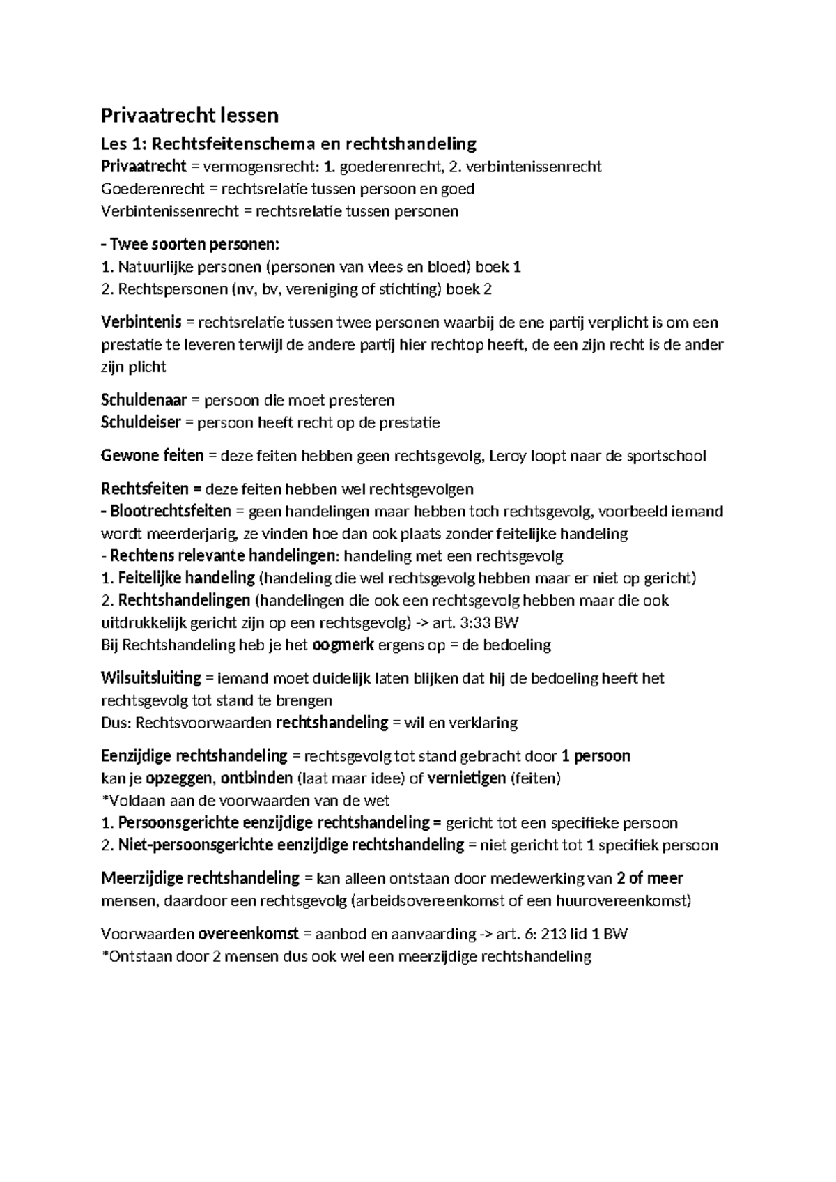Privaatrecht Les 1: Rechtsfeitenschema en Rechtshandeling Overzicht ...