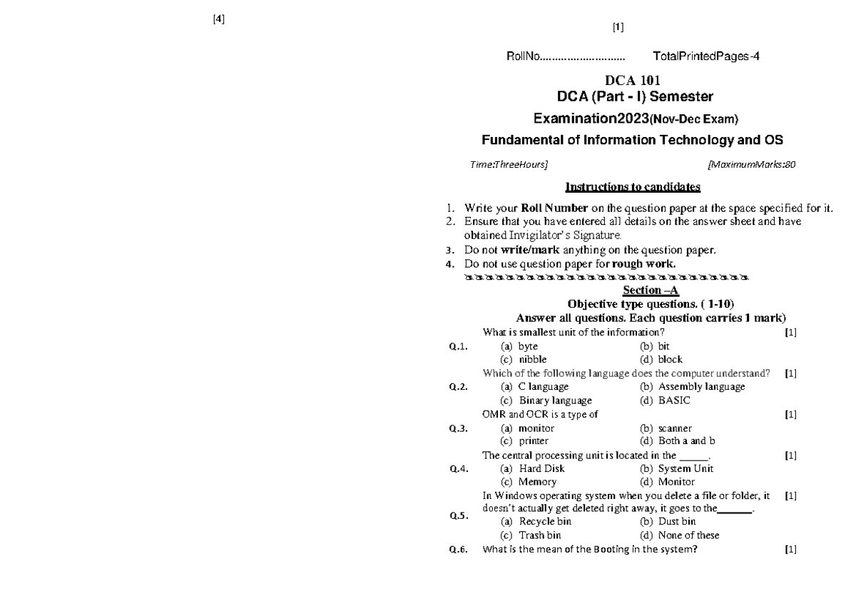 DCA 101: Fundamental IT & OS Question Paper 1 - Nov-Dec 2023 Exam - Studocu
