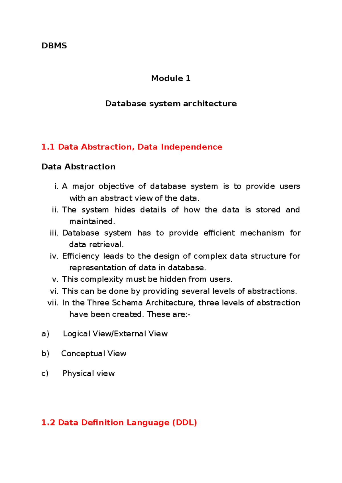 DBMS 1 - Module on Database System Architecture: Abstraction & Definition - Studocu