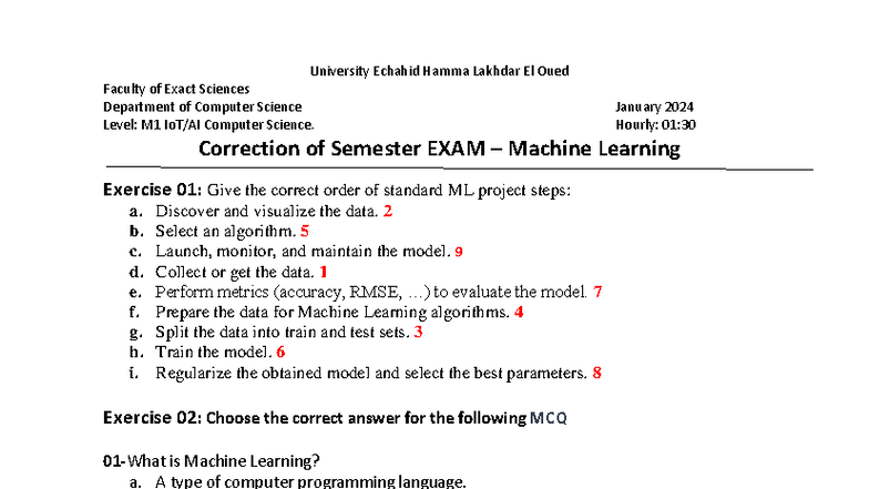 M1 Computer Science - Jan 2024 Machine Learning Exam Corrections - Studocu