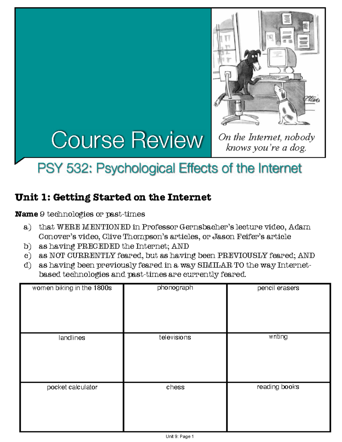PSY 532: Unit 9 Course Review on Psychological Effects of the Internet ...