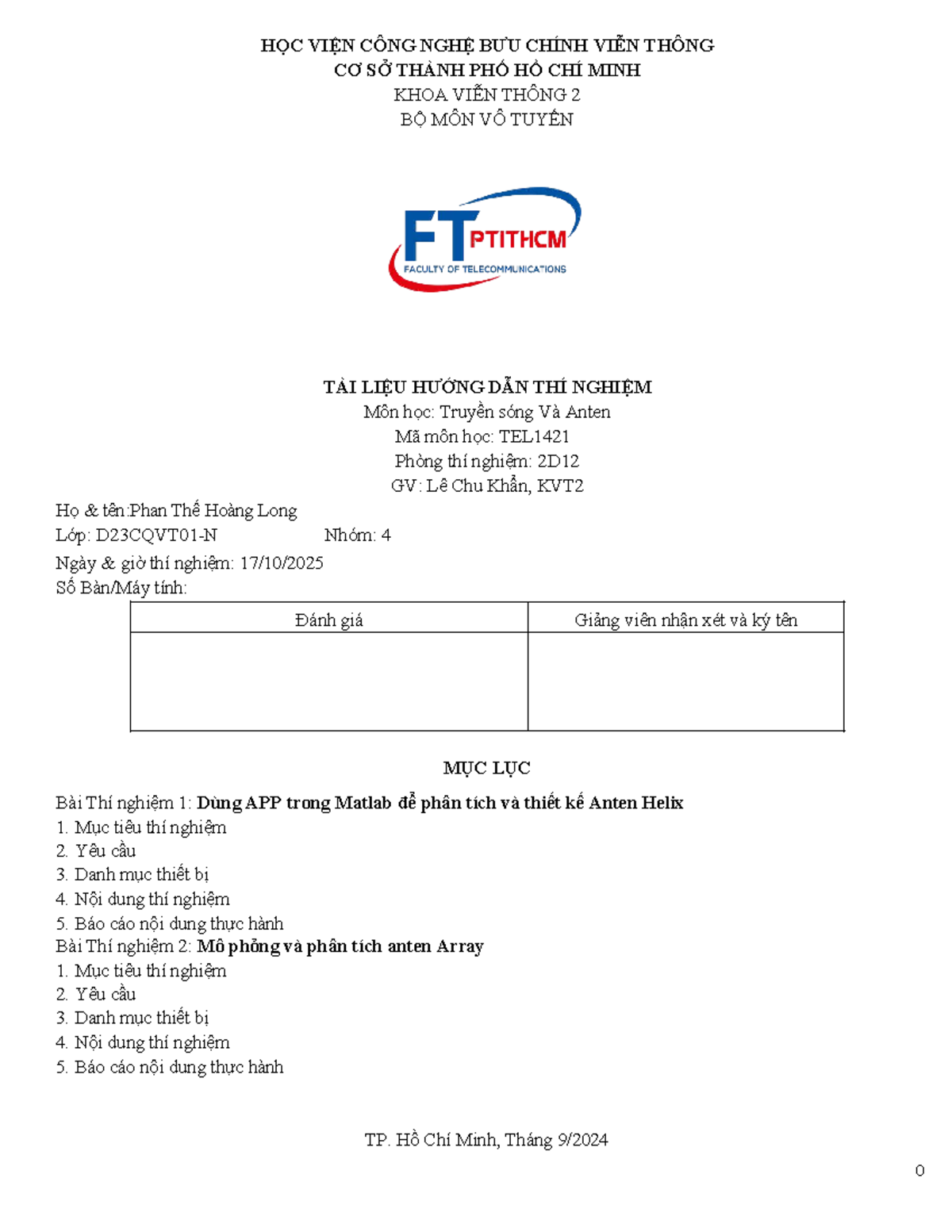 Hướng Dẫn Thí Nghiệm Môn TEL1421: Truyền Sóng và Anten - Studocu