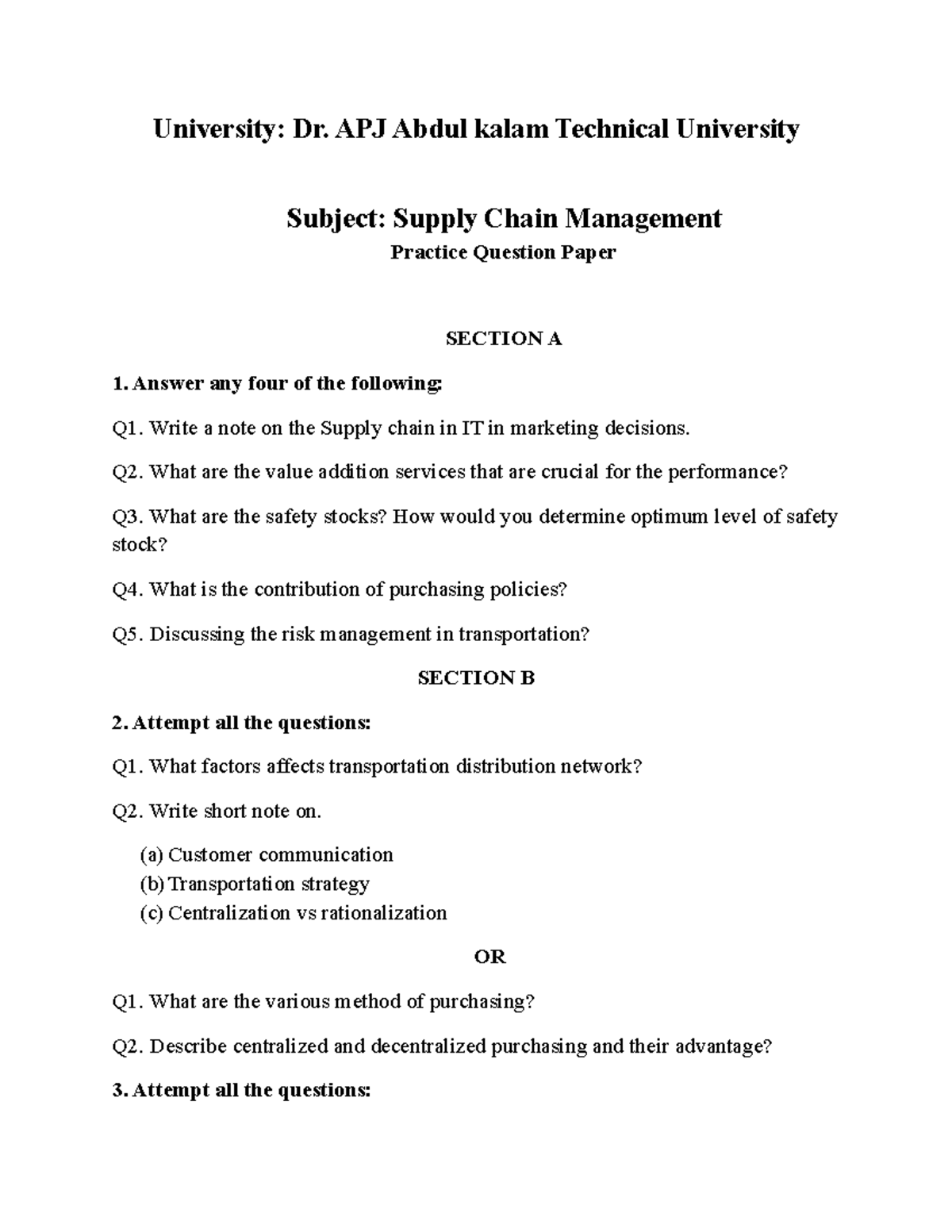 Supply Chain Management Practice Question Paper - SCM101 - Studocu
