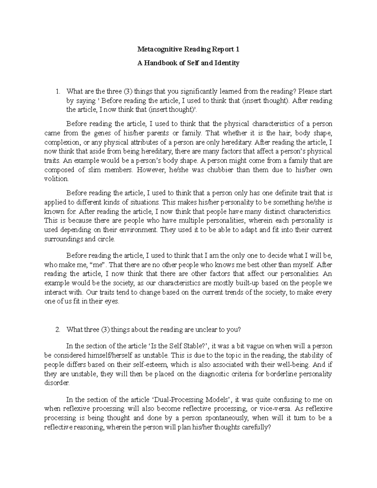 MRR1 - Insights on Self and Identity: Metacognitive Reading Report 1 ...