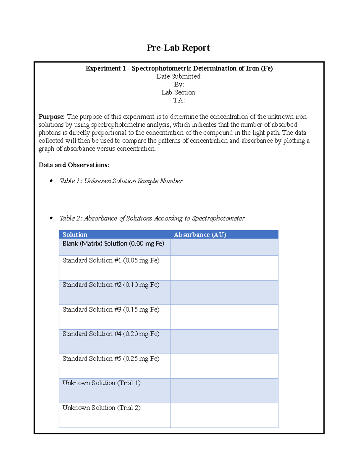 FE Pre-Lab Report - Pre-Lab Report Experiment 1 - Spectrophotometric ...