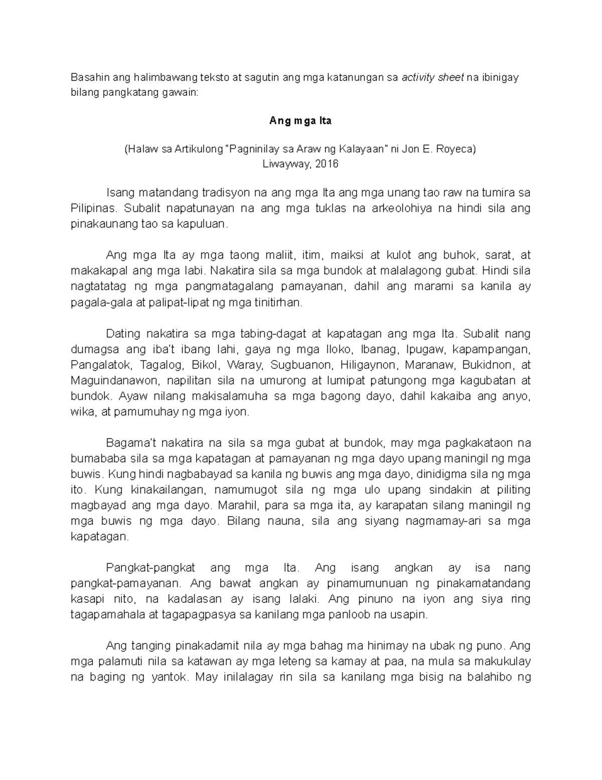 Mga Nota sa Mga Ita: Kultura at Pamumuhay ng mga Katutubo - Studocu