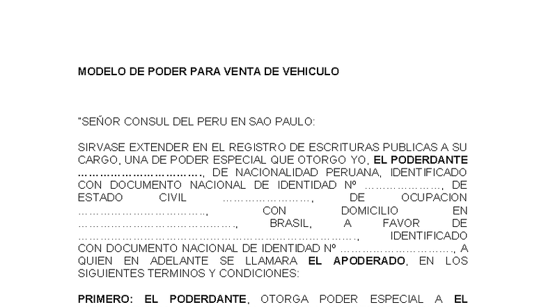 MODELO DE PODER ESPECIAL PARA VENTA DE VEHÍCULO - Studocu