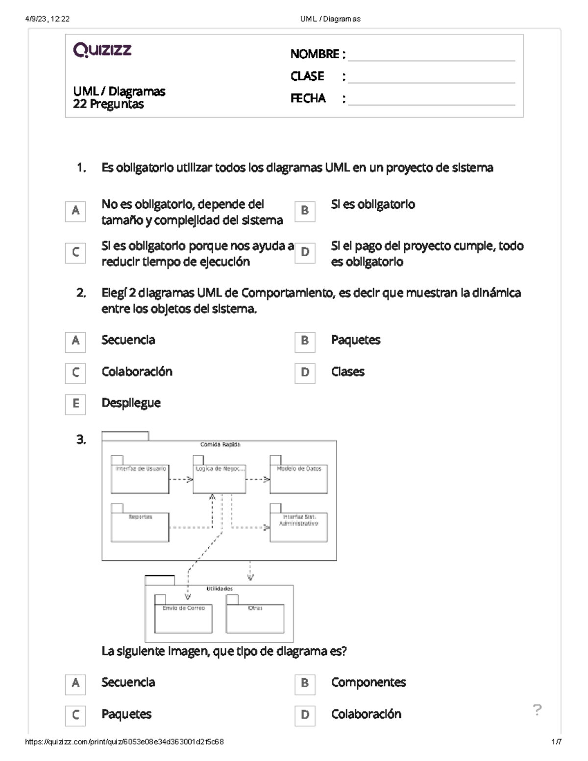 UML / Diagramas - Examen Resuelto de 22 Preguntas y Respuestas - Studocu