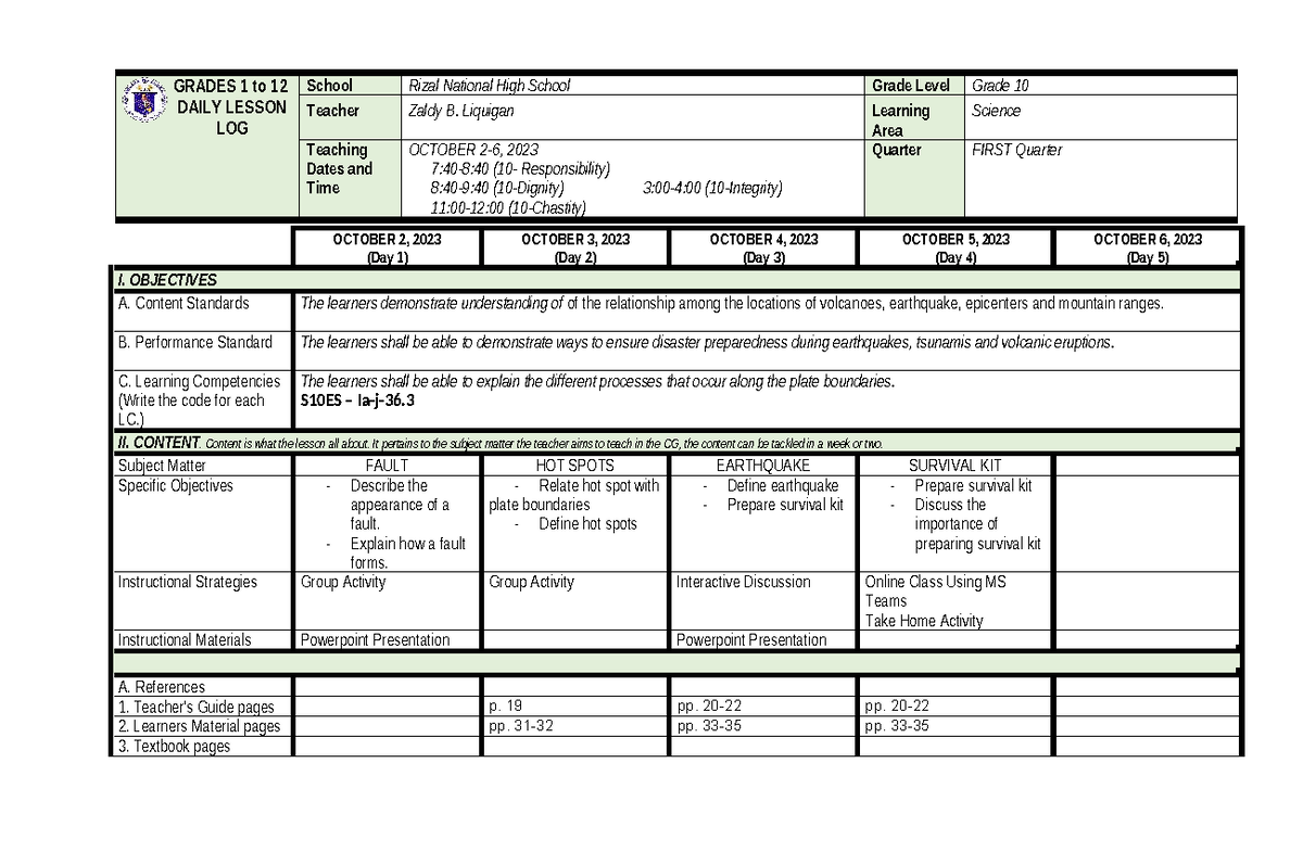 Grade 10 Science DLL: Plate Tectonics Lesson Plan (October 2023) - Studocu
