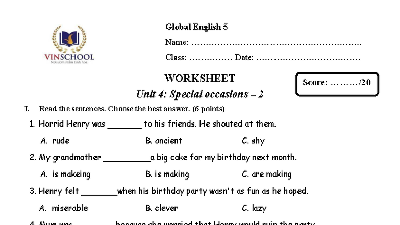 S5.W13.U4.2. Weekly Worksheet: Special Occasions Activities - Studocu