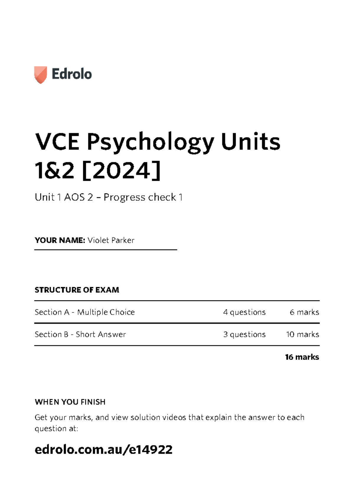 Vce Psychology Unit 1 Aos 2 Progress Check 1 Exam Structure