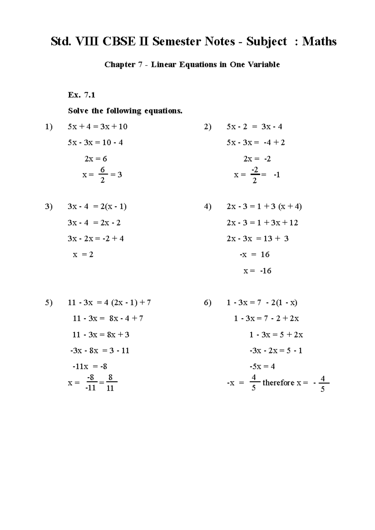 CBSE VIII Maths Chapter 7: Linear Equations in One Variable Notes - Studocu