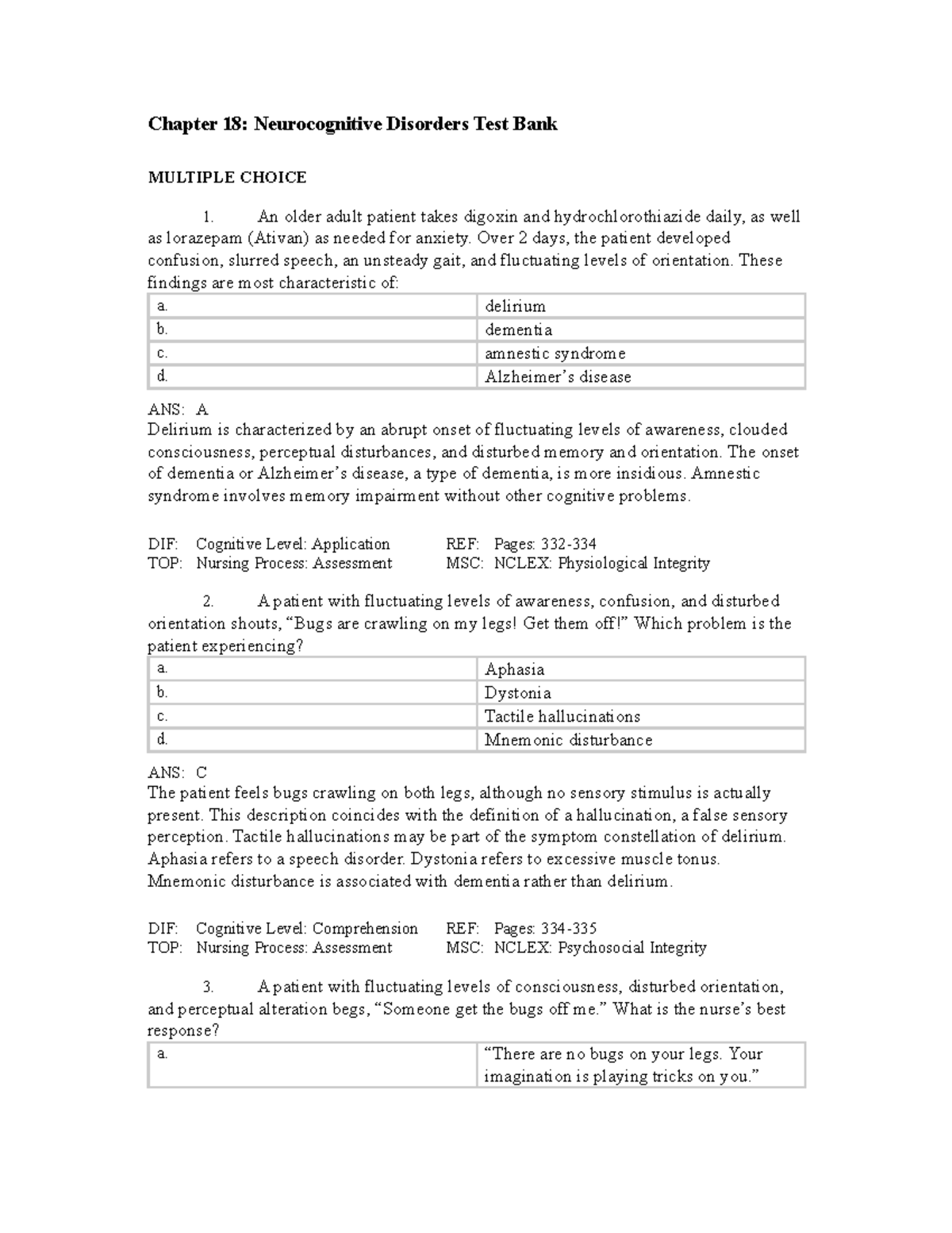 Test Bank for Chapter 18: Neurocognitive Disorders (Nursing Course ...