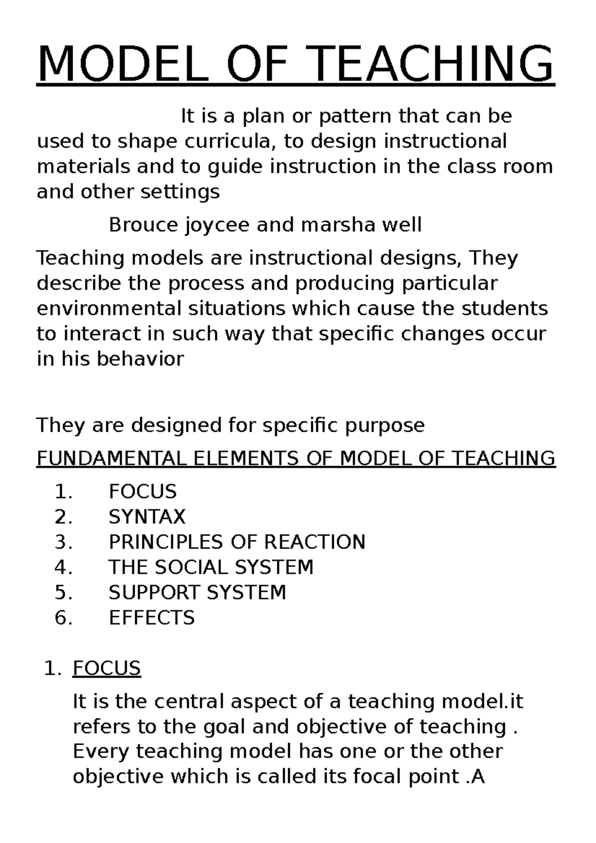 Models OF Teaching - B Ed pedagogy notes - MODEL OF TEACHING It is a ...
