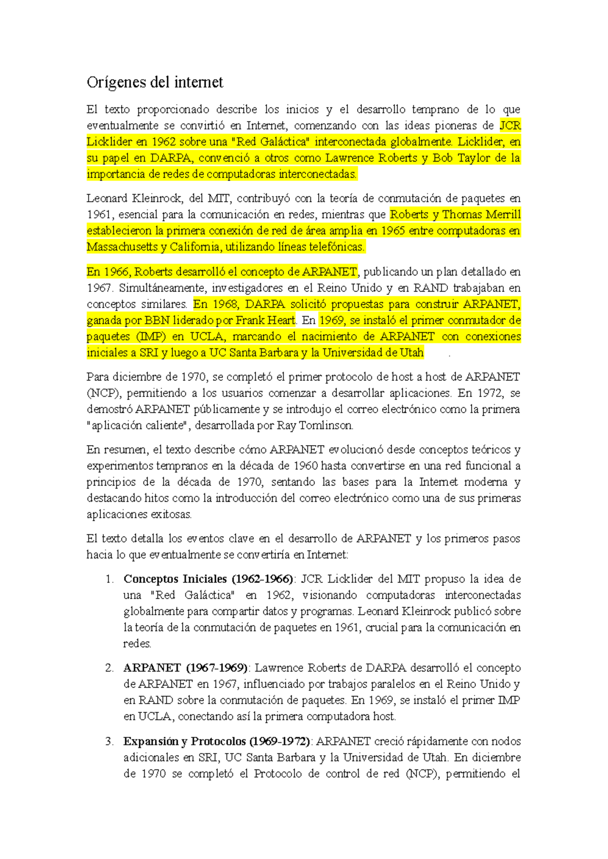 Orígenes del Internet: Resumen del Desarrollo de ARPANET y Más - Studocu