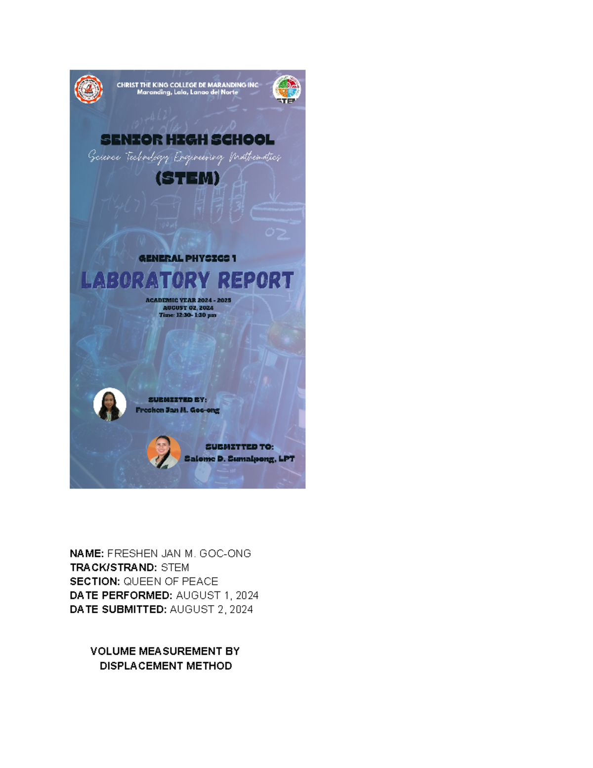 STEM 101 Lab: Volume Measurement by Displacement Method - Studocu