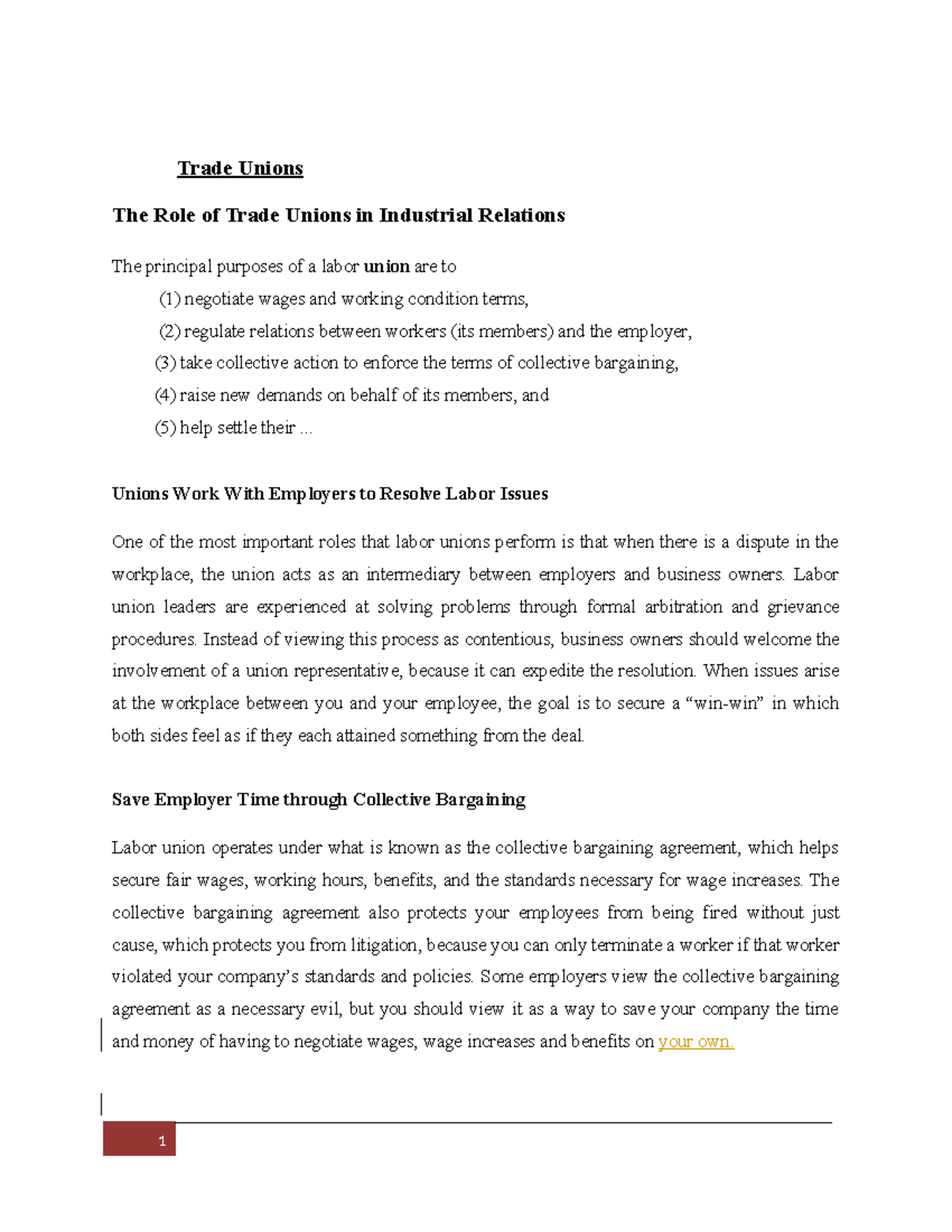 The Role of Trade Unions - Trade Unions The Role of Trade Unions in ...