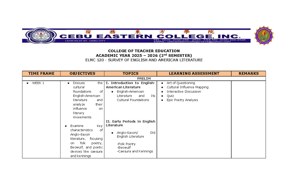 ELMC 120 Survey of English and American Literature Overview - Studocu
