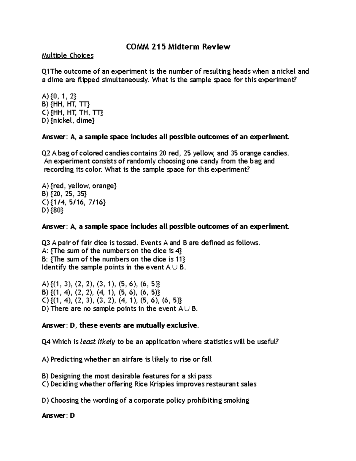 COMM 215 Midterm Review Solutions: Probability & Statistical Concepts ...