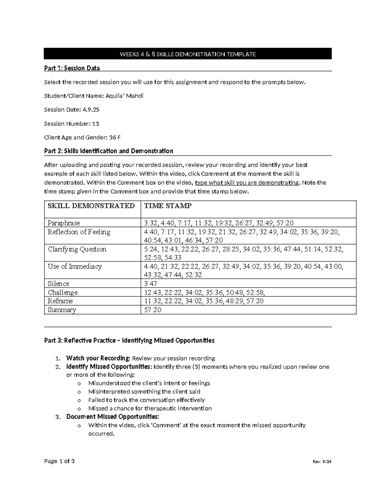 Wk 10 Skills Demonstration Template: Reflective Practice & Improvement ...