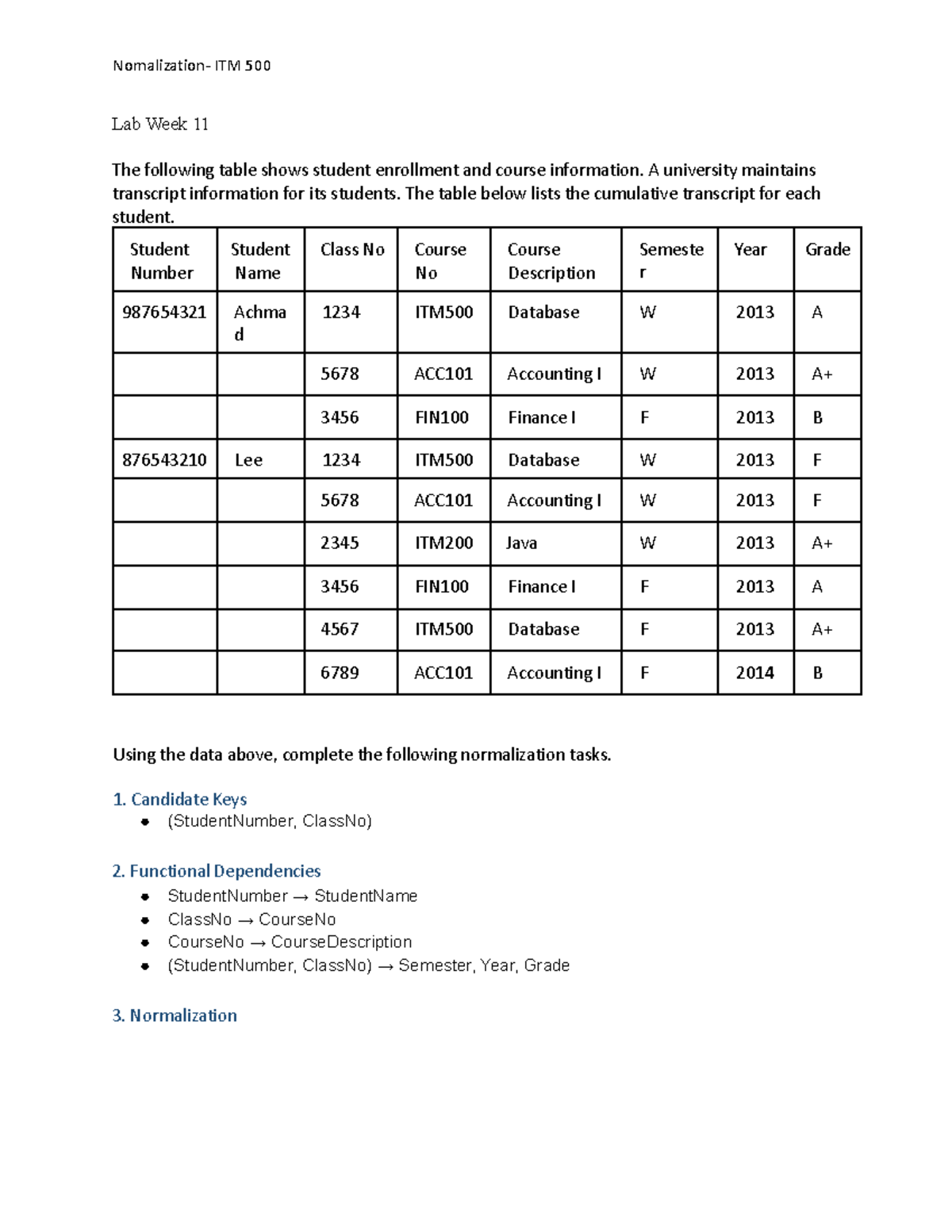 ITM 500 Lab Week 11: Student Enrollment & Transcript Normalization ...