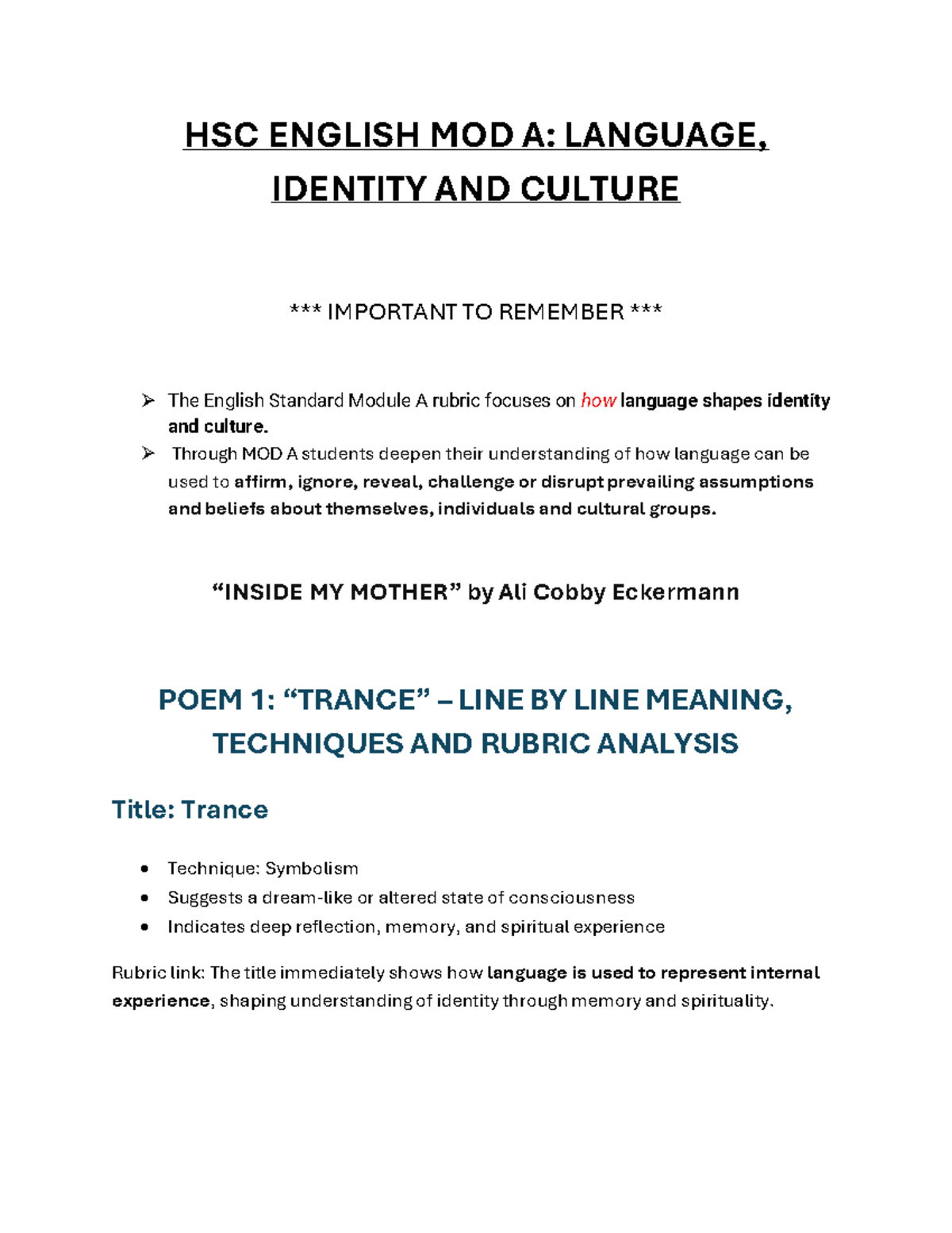 Sally's HSC ENGLISH MOD A: Poem Analysis on Identity & Culture - Studocu