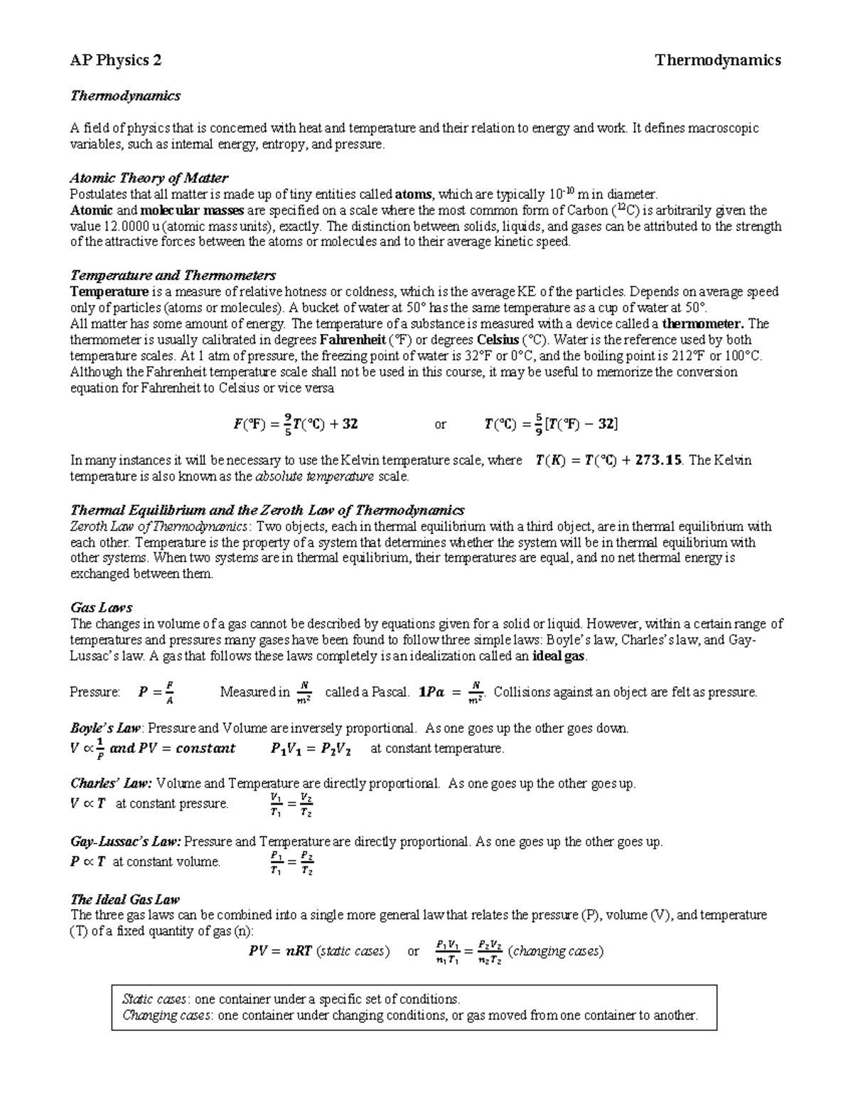 AP Physics 2 Thermodynamics Summary Notes: Key Concepts and Laws - Studocu