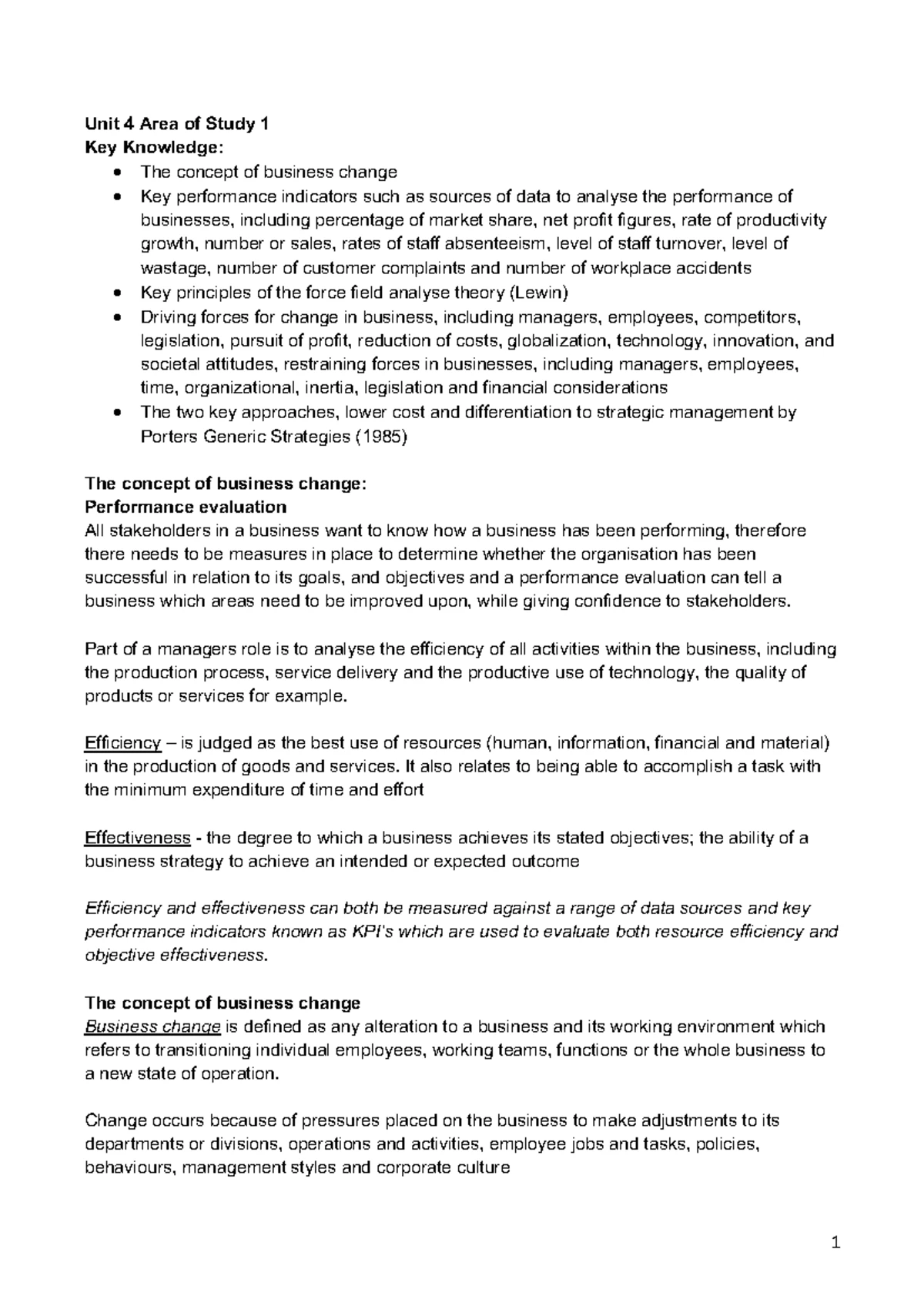 Porter's Generic Strategies Worksheet - VCE Business Management. Unit 4: Transforming a business ...