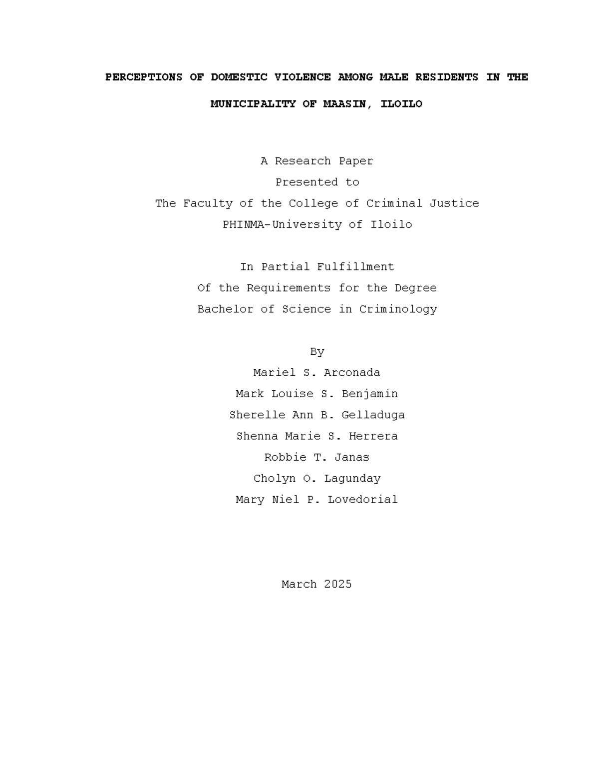 Perceptions Of Domestic Violence Among Male Residents In Maasin Iloilo 6888