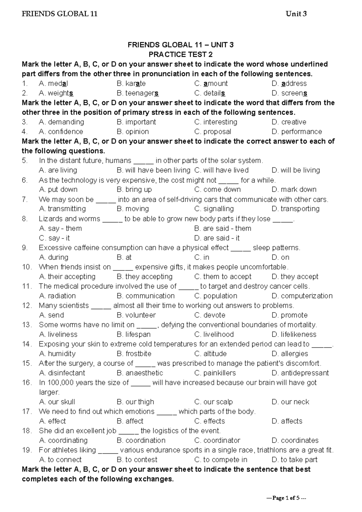 Tieng Anh 11 - Friends Global - Unit 3 - Practice Test 2 - Studocu