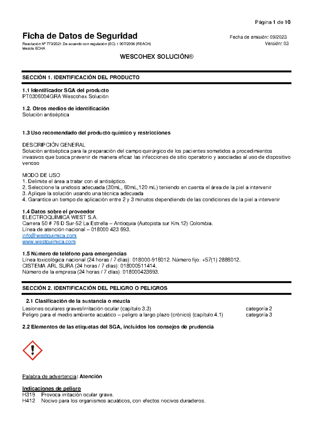 FDS SGA Wescohex Solución Antiséptica - Versión 03, 09/2023 - Studocu