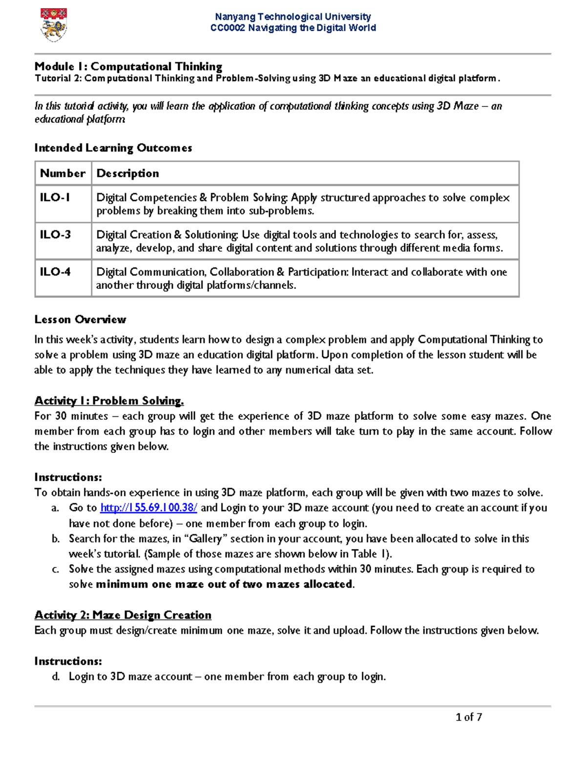 Module 1 Tutorial T64: Computational Thinking with 3D Maze Activities ...