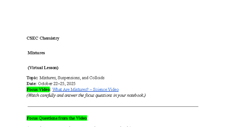 CSEC Chemistry Grade 10 Mixtures Lesson Notes and Focus Questions - Studocu