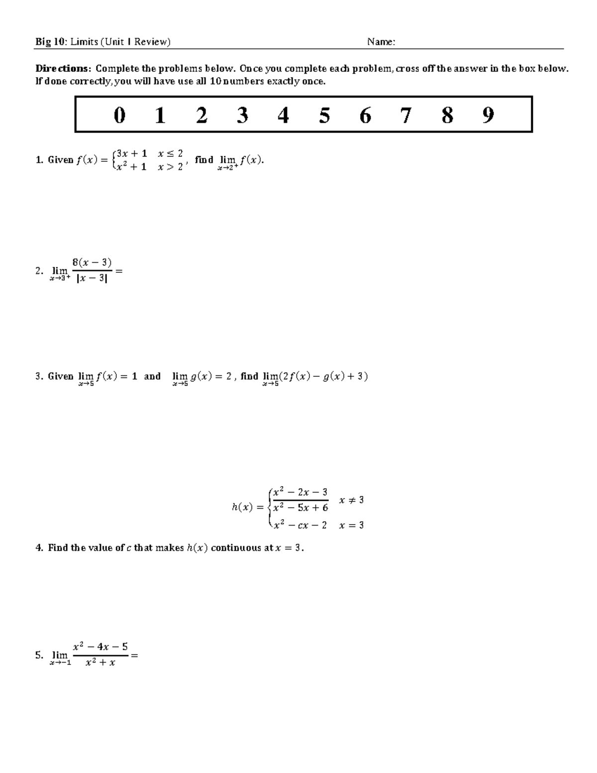 Big 10: Unit 1 Limits Review and Problem Set - Studocu