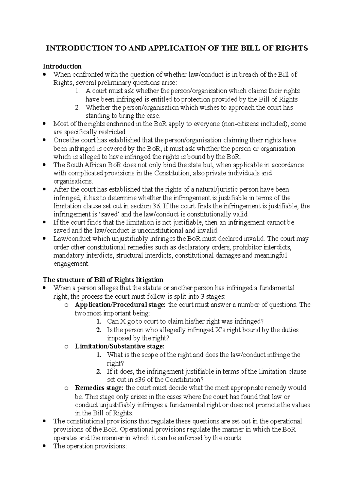 Introduction TO AND Application OF THE BILL OF Rights - INTRODUCTION TO ...