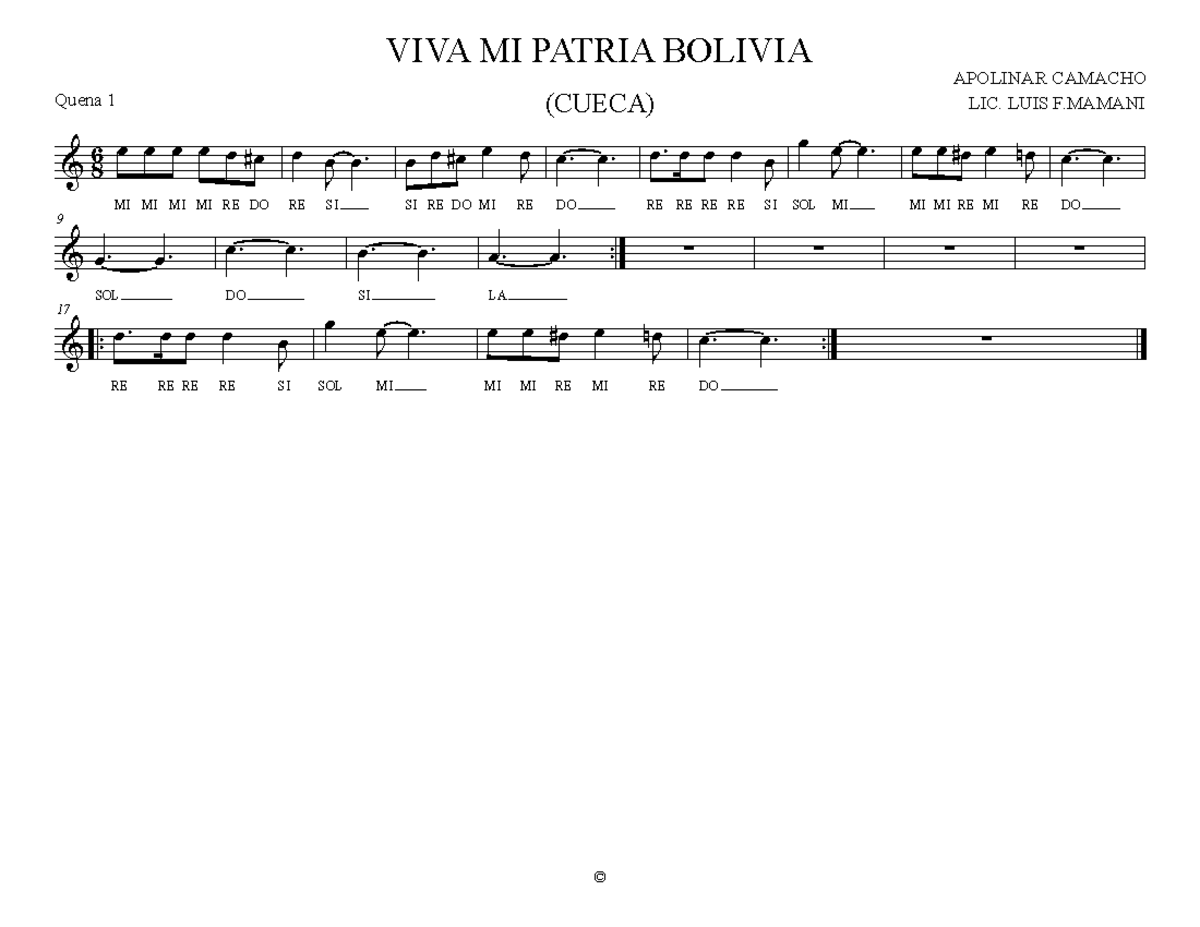 VIVA MI PATRIA BOLIVIA (CUECA) Quena Sheet Music - Studocu