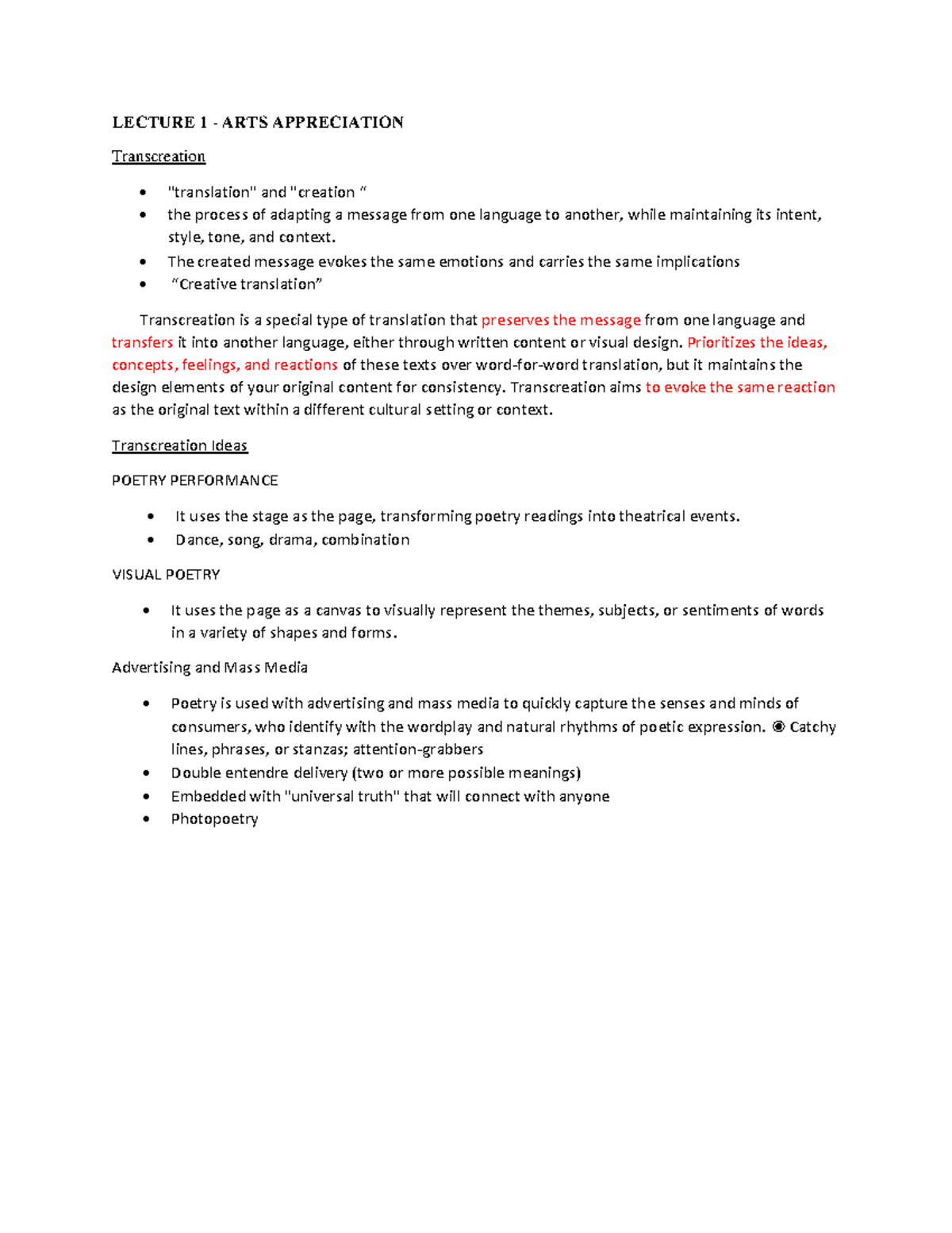 Lecture 1: Transcreation in Arts Appreciation (ART APP) - Studocu