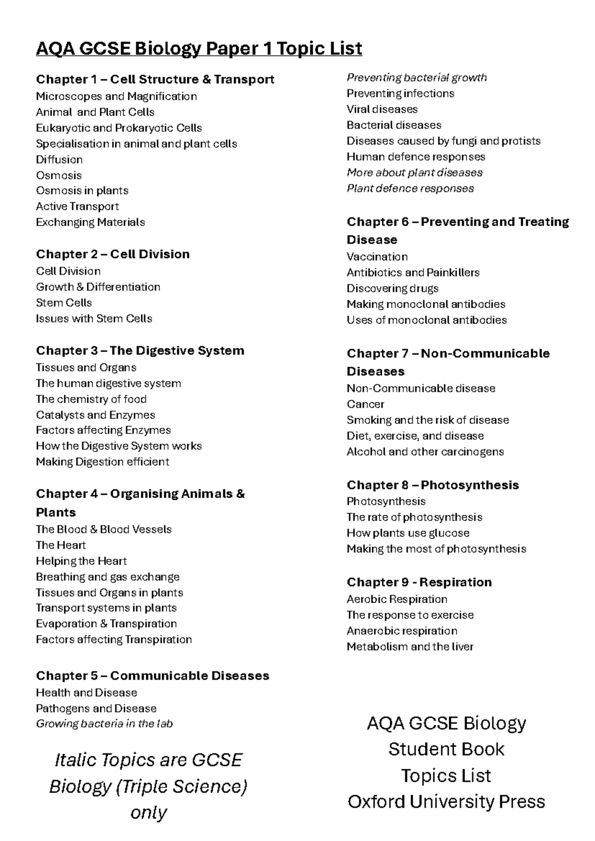 AQA GCSE Biology Paper 1 Comprehensive Topics Overview - Studocu